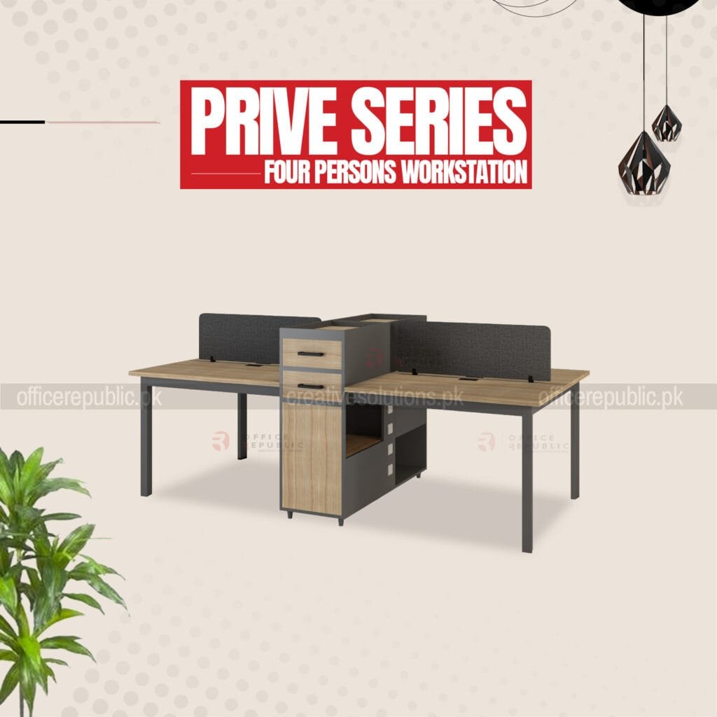 Prive Four Persons Linear Workstation with Storage Unit - Office Furniture